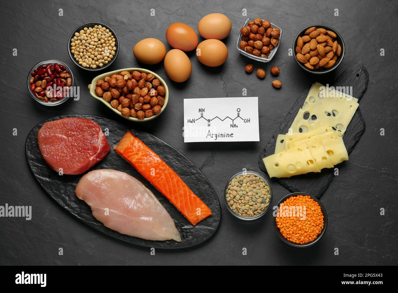 Different fresh products and paper with Arginine chemical formula on ...