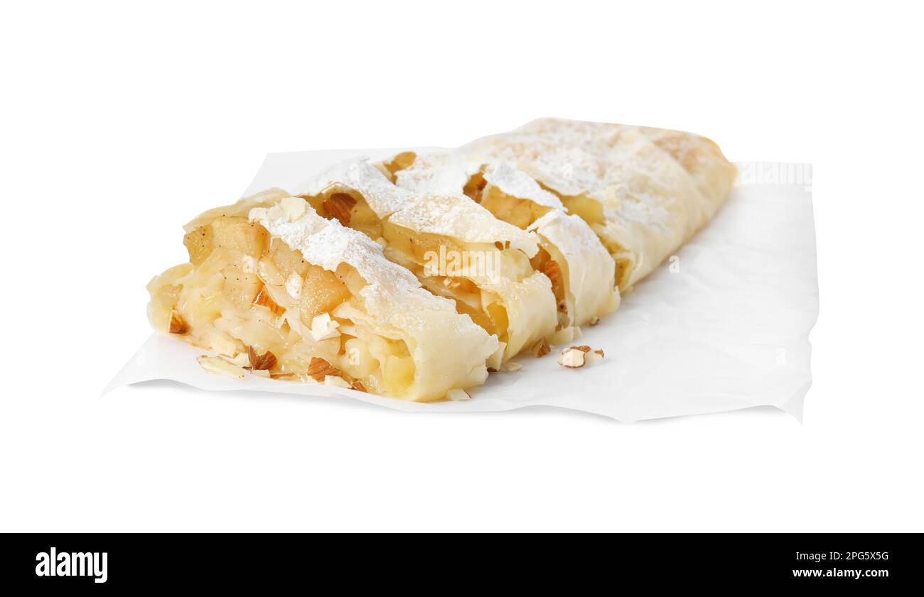 Delicious apple strudel with almonds and powdered sugar on white ...
