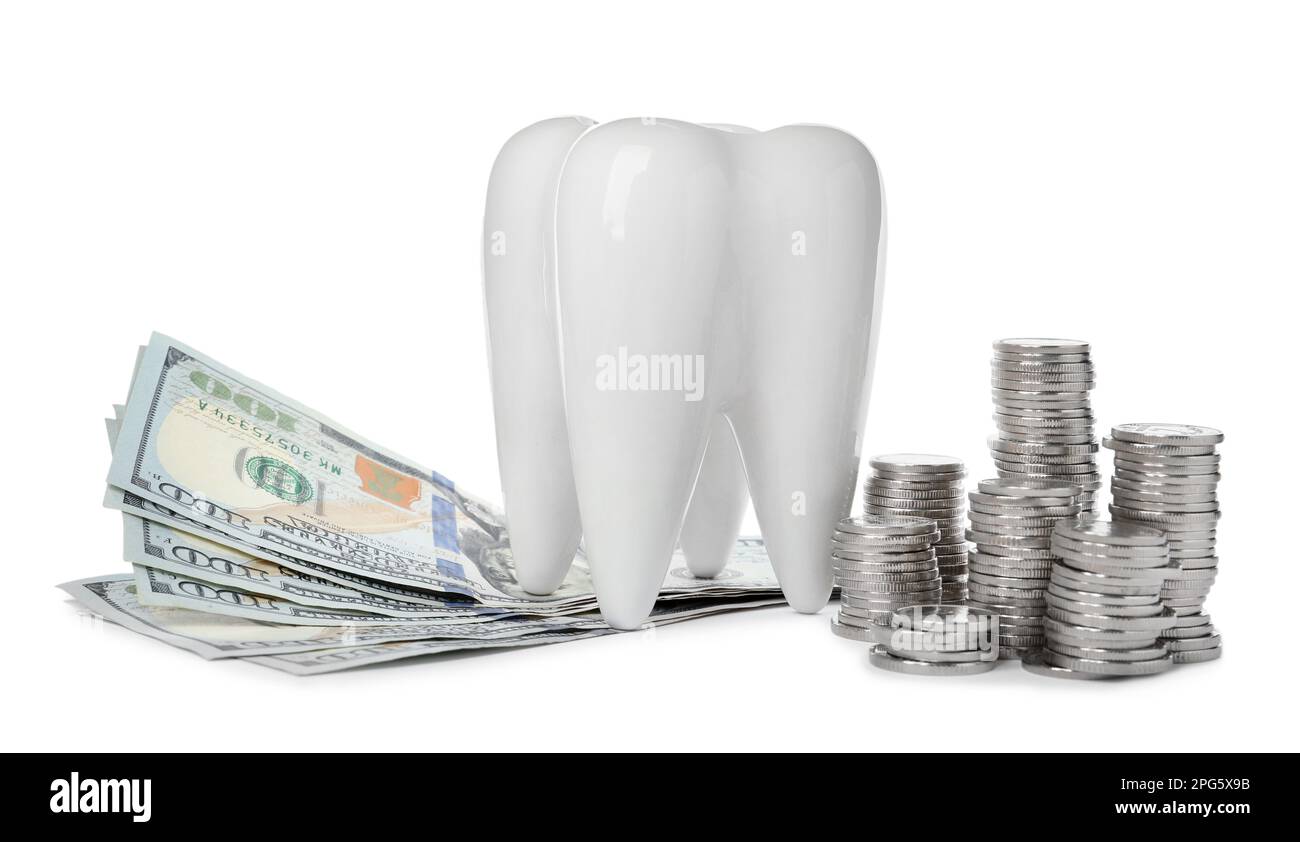 Ceramic model of tooth, dollar banknotes and coins on white background ...