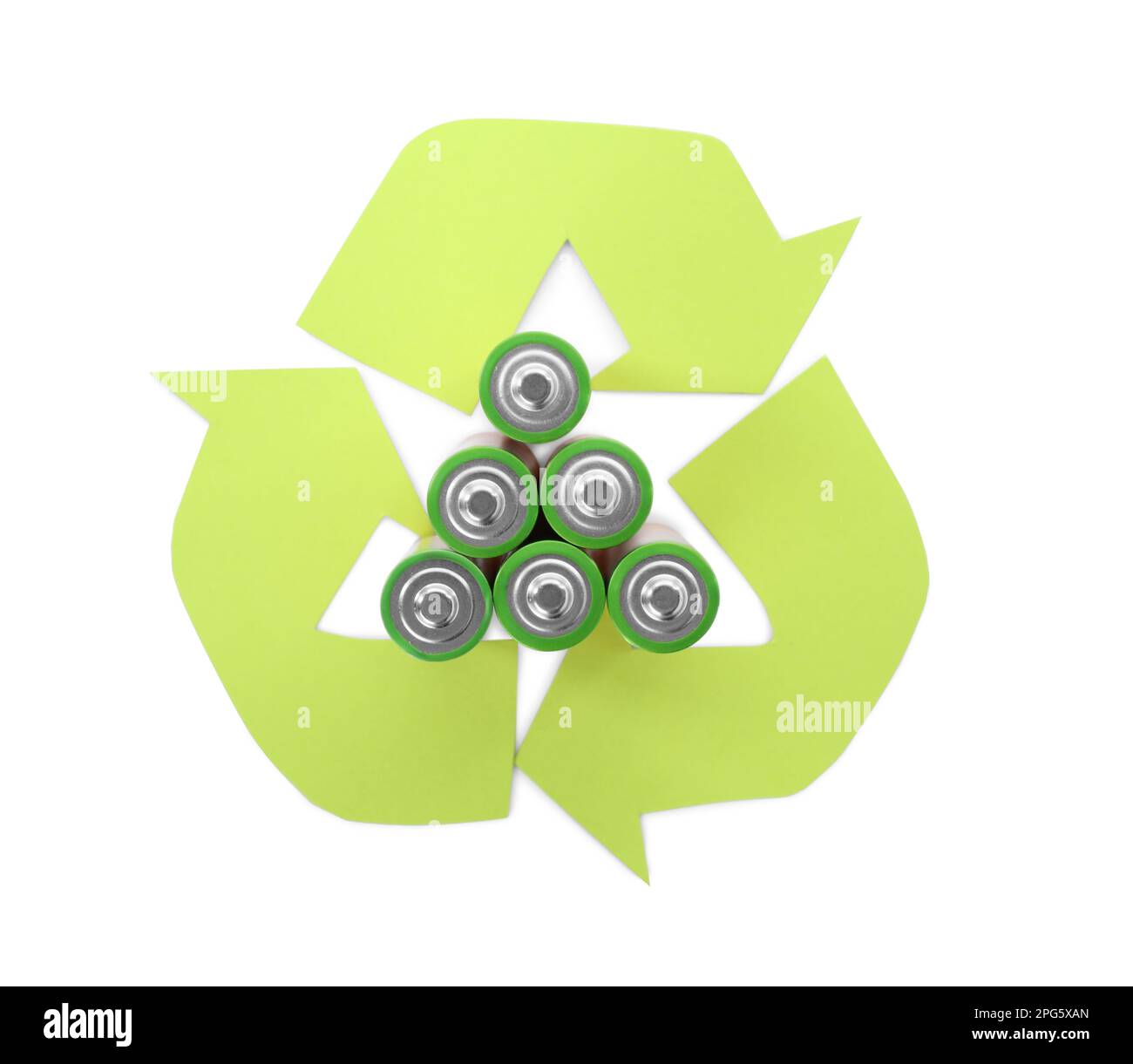 Used batteries and recycling symbol on white background, top view Stock ...