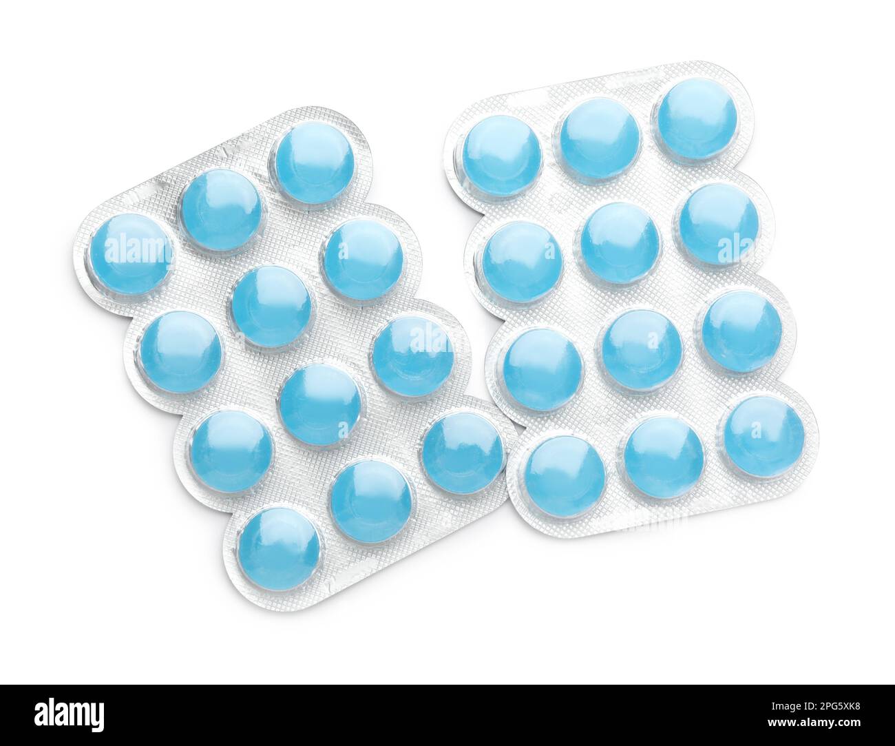 Blisters with blue cough drops on white background, top view Stock ...