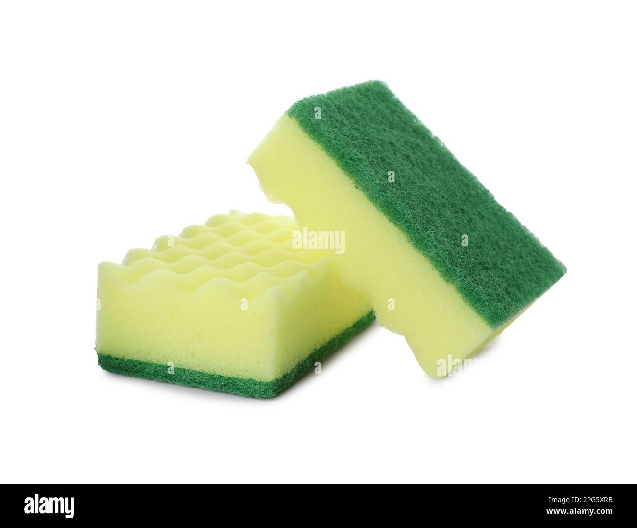 Yellow cleaning sponge with abrasive green scourers on white background ...