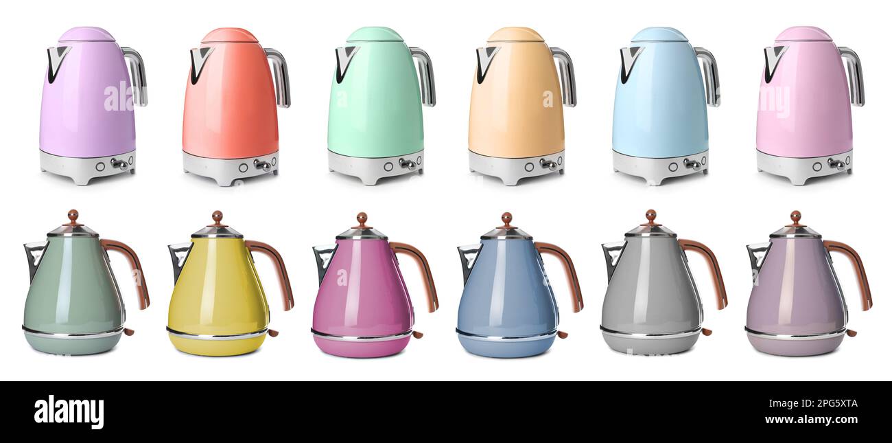 Set with stylish electrical kettles on white background. Banner design ...