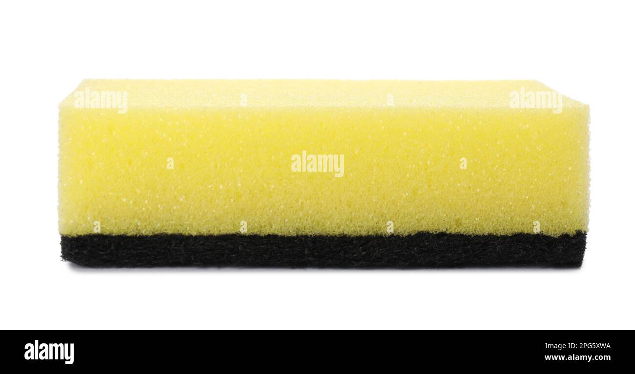 Yellow cleaning sponge with abrasive black scourer isolated on white ...