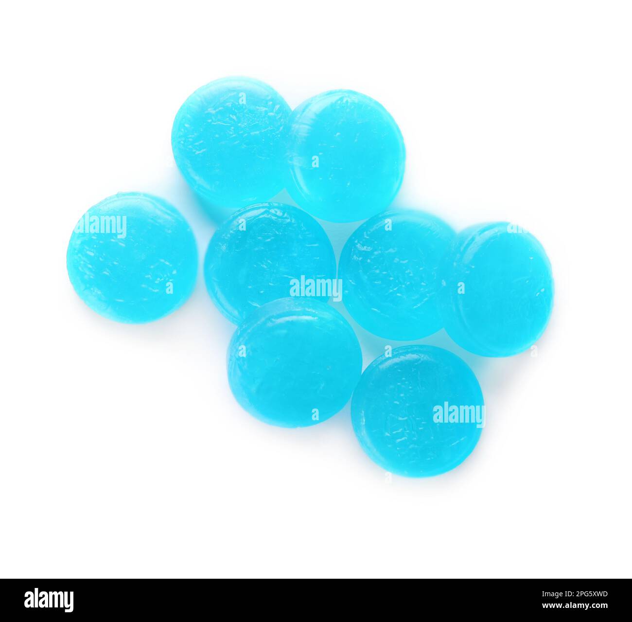 Many light blue cough drops on white background, top view Stock Photo ...