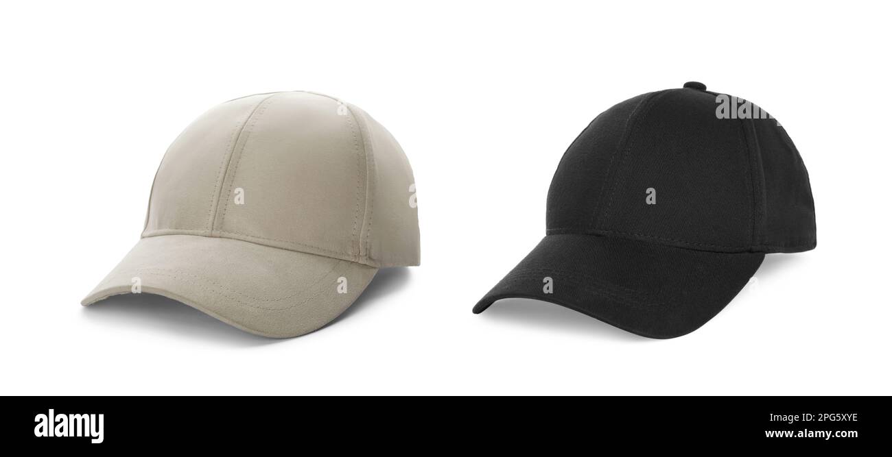 Different baseball caps on white background, collage. Mock up for ...