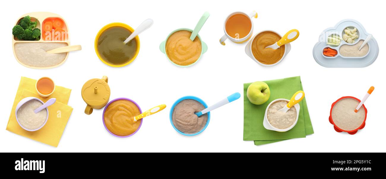 Set with healthy baby food in different dishes on white background, top ...