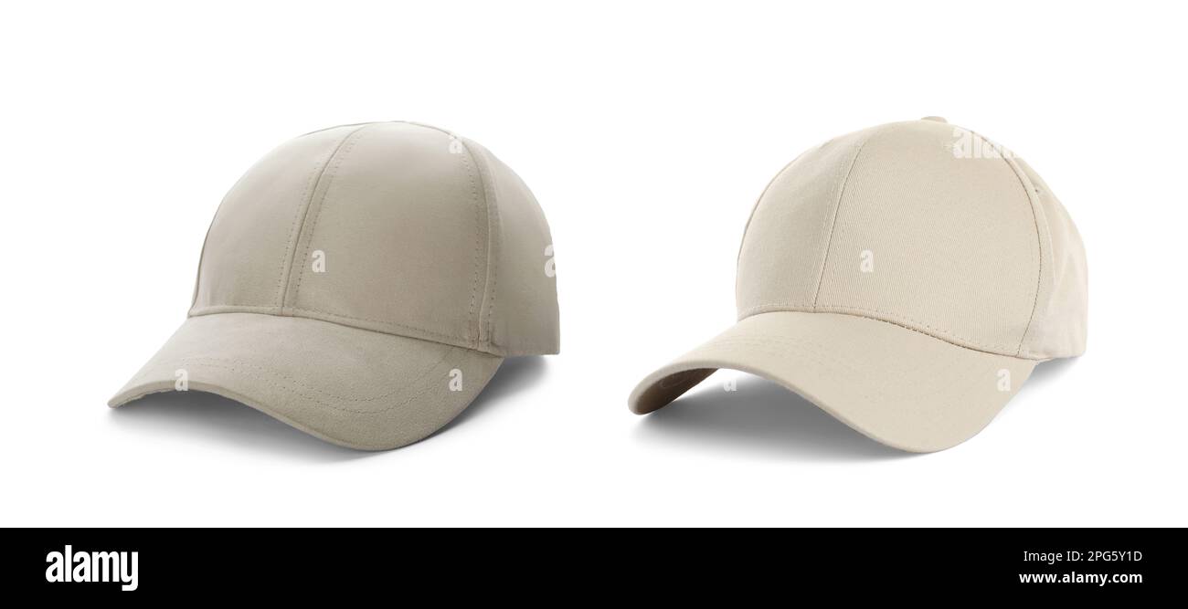 Different baseball caps on white background, collage. Mock up for ...
