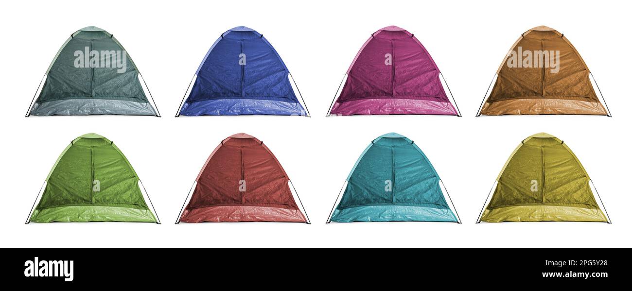 Set with different colorful camping tents on white background. Banner ...