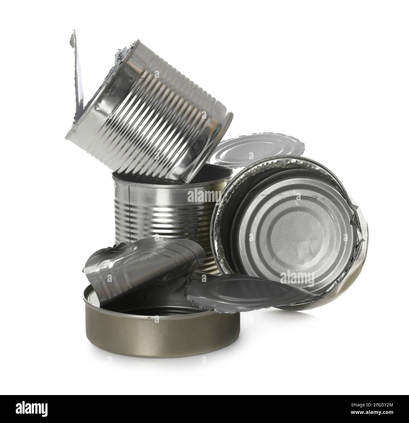 Many used tin cans on white background. Recycling rubbish Stock Photo ...