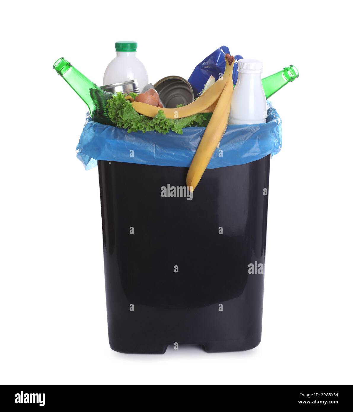 Trash bin full of garbage on white background. Recycling rubbish Stock ...