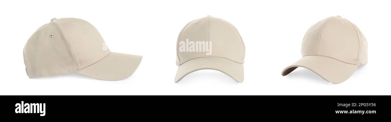 Set with stylish beige baseball caps on white background. Banner design ...