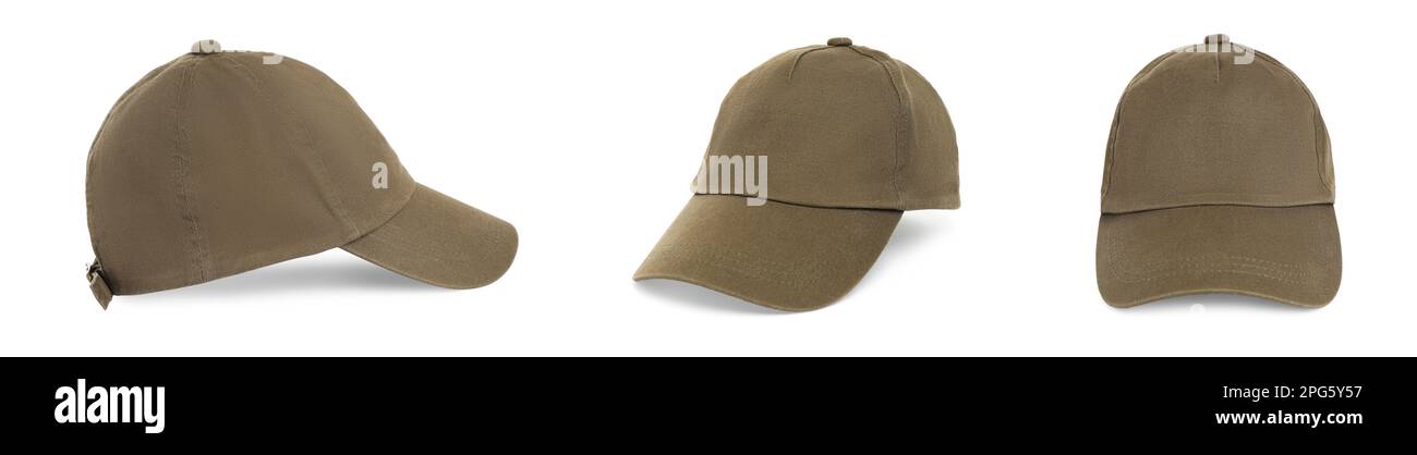 Set with stylish baseball caps on white background. Banner design Stock ...