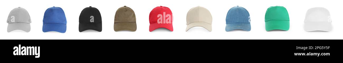 Set with stylish baseball caps on white background. Banner design Stock ...
