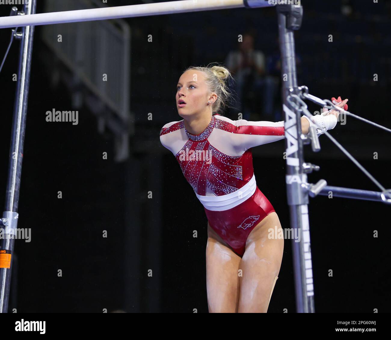 March 18, 2023: Arkansas' Reece Drotar practices her bar routine during ...