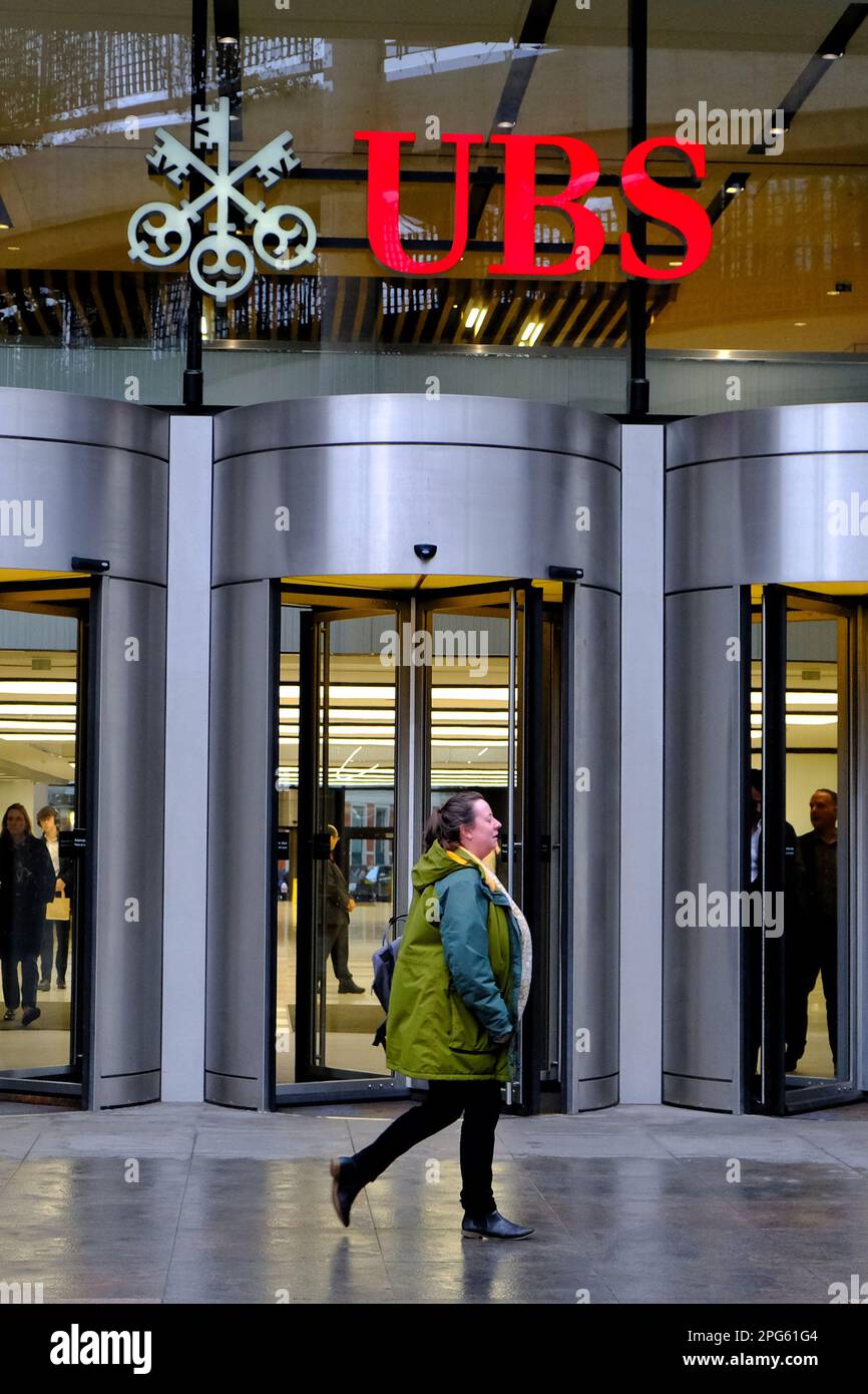 London, UK. 20th March, 2023. The external view of the UBS headquarters ...