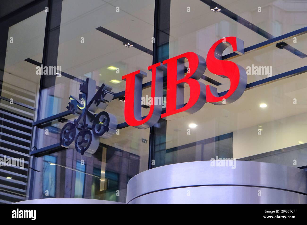 London, UK. 20th March, 2023. The external view of the UBS headquarters in Liverpool Street. It ...