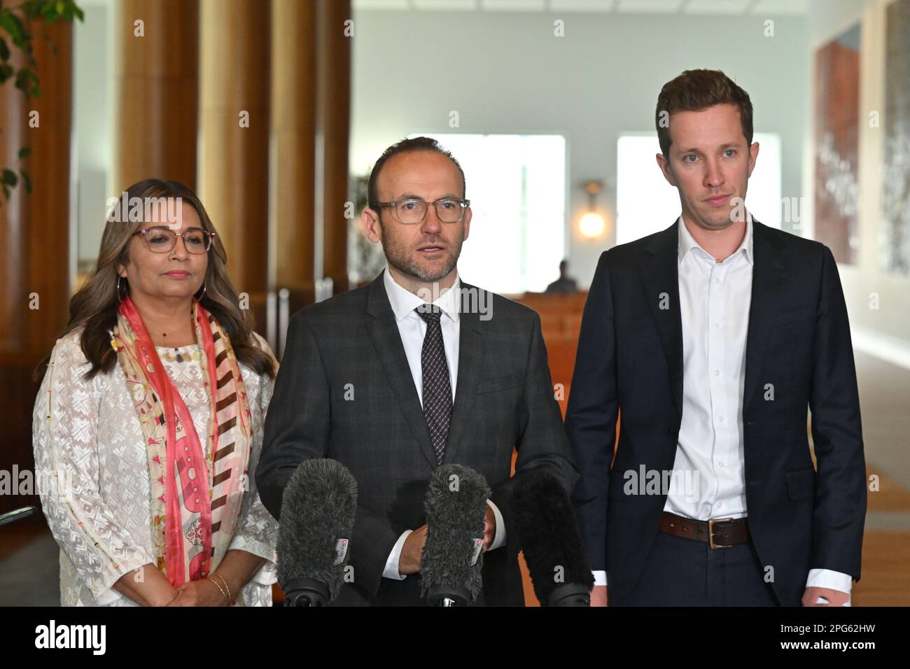 Greens Senator Mehreen Faruqi, Greens leader Adam Bandt and Greens ...