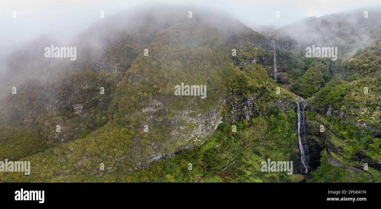 Aerial view, Lagoa do Vento with Upper Risco waterfall, forest and fog ...