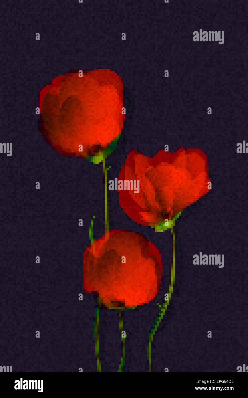 Red poppies over a drak background, pixel art illustration Stock Photo ...