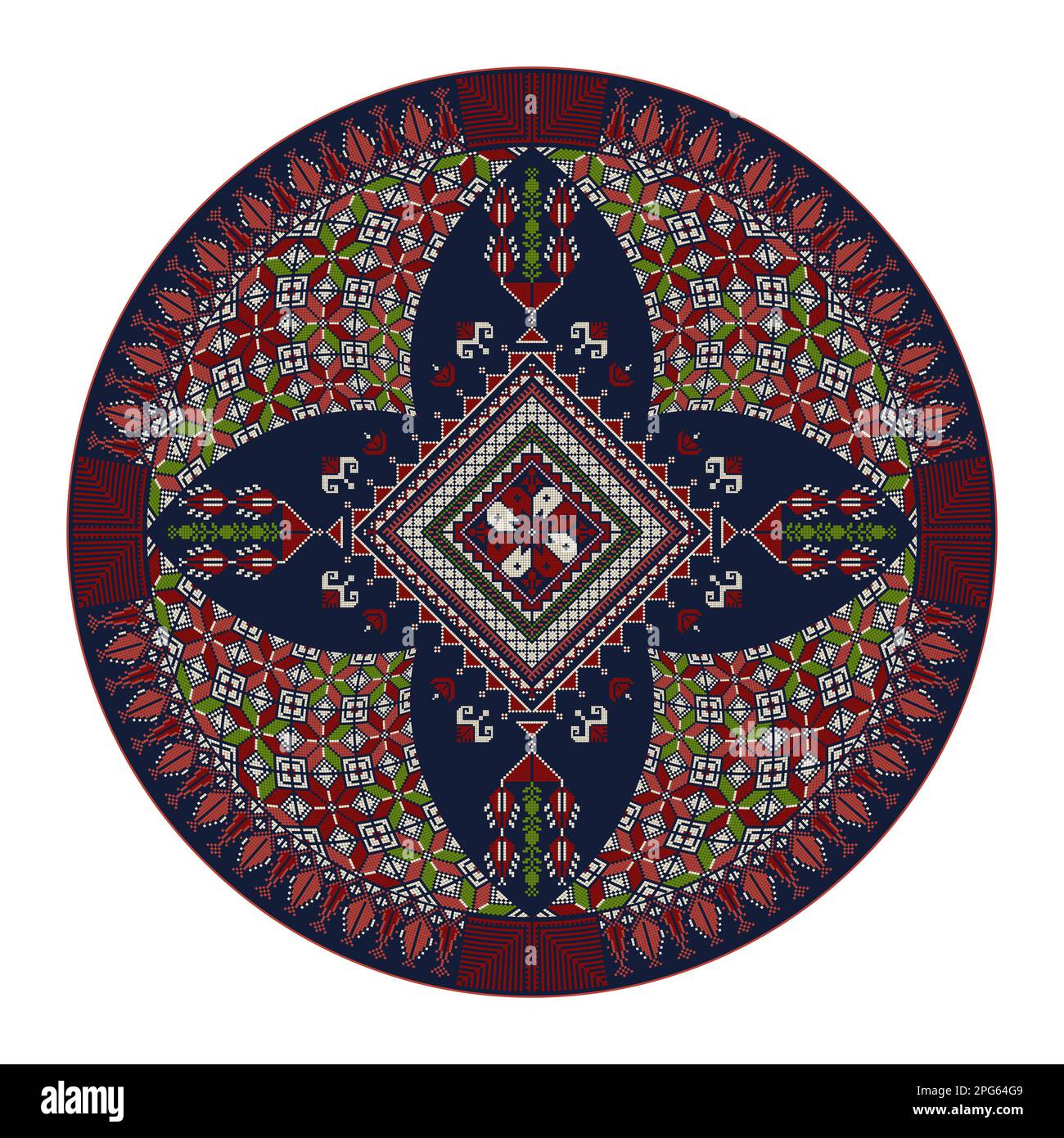Decorative round Palestinian Tatreez design element over white ...