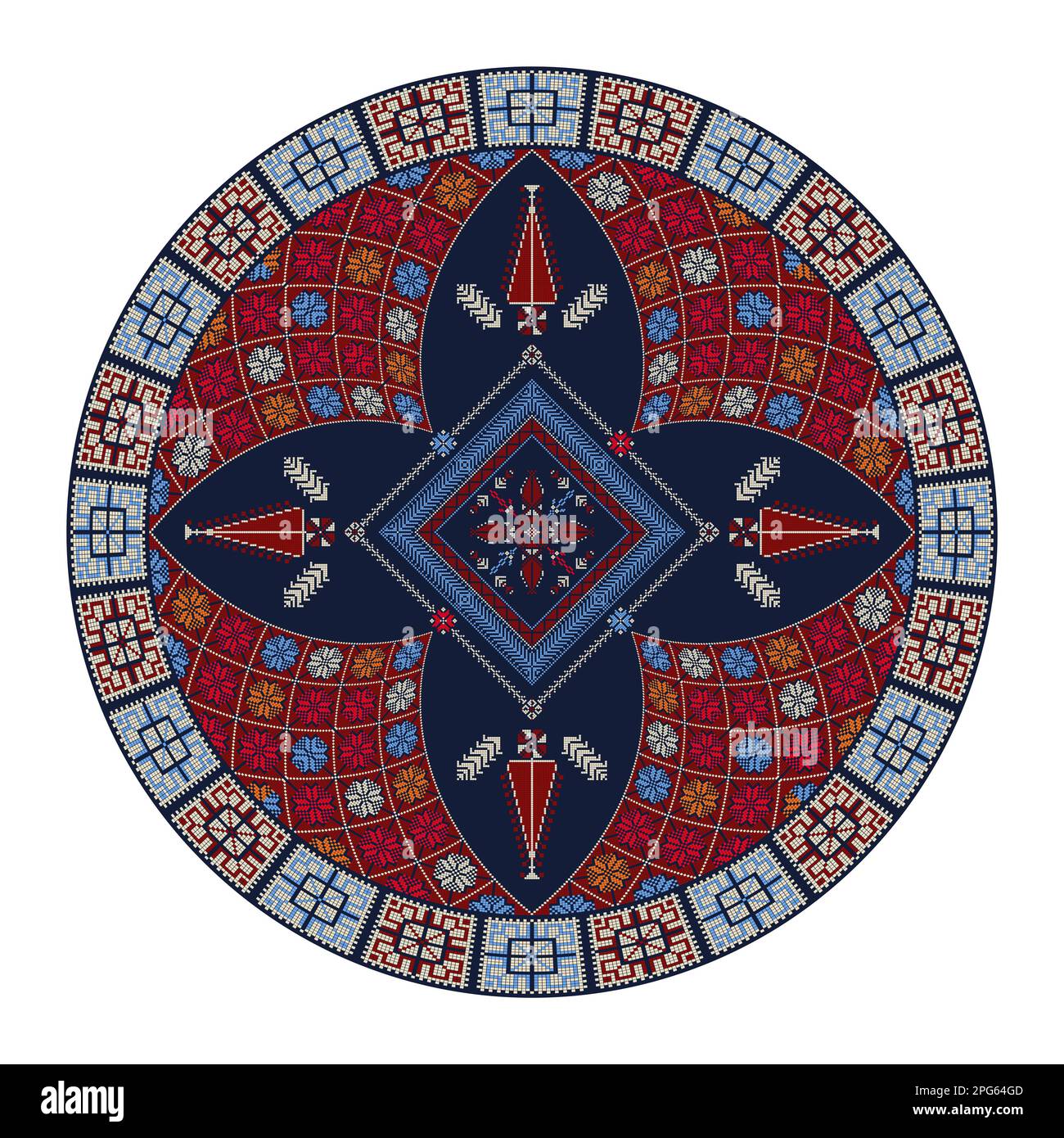 Decorative round Palestinian Tatreez design element over white ...