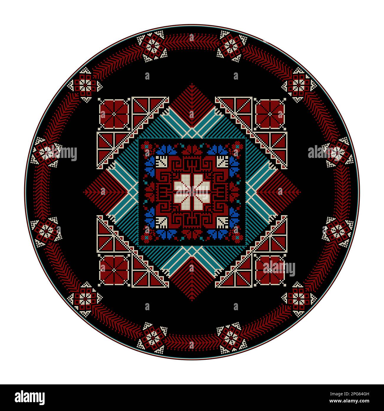 Decorative round Palestinian Tatreez design element over white ...