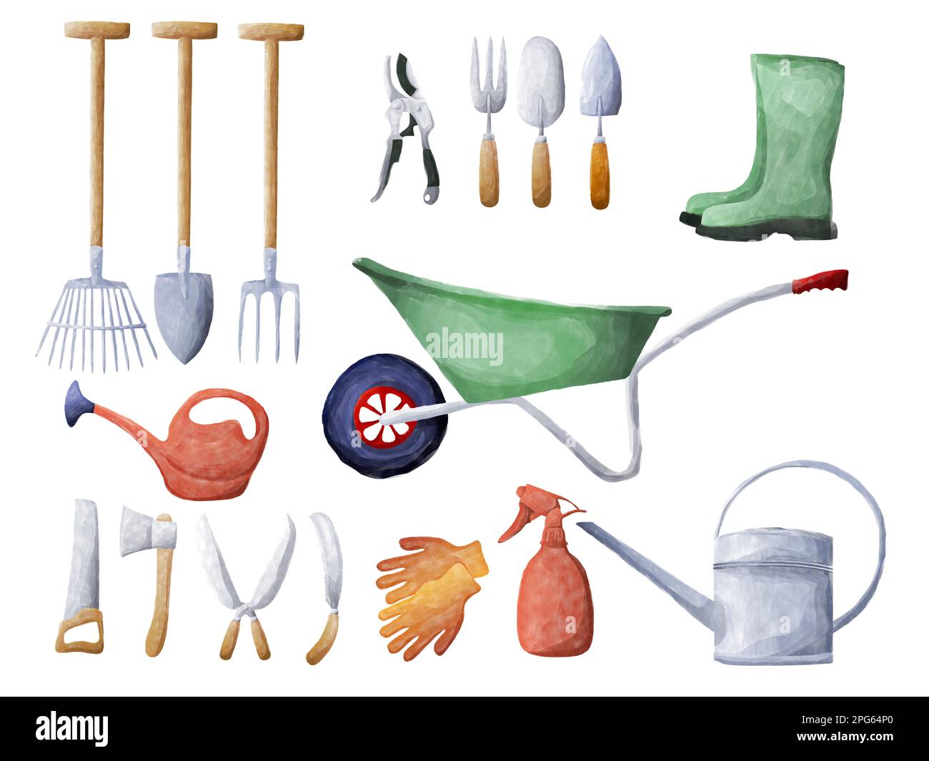 Watercolor drawing of gardening tools over white background Stock Photo ...