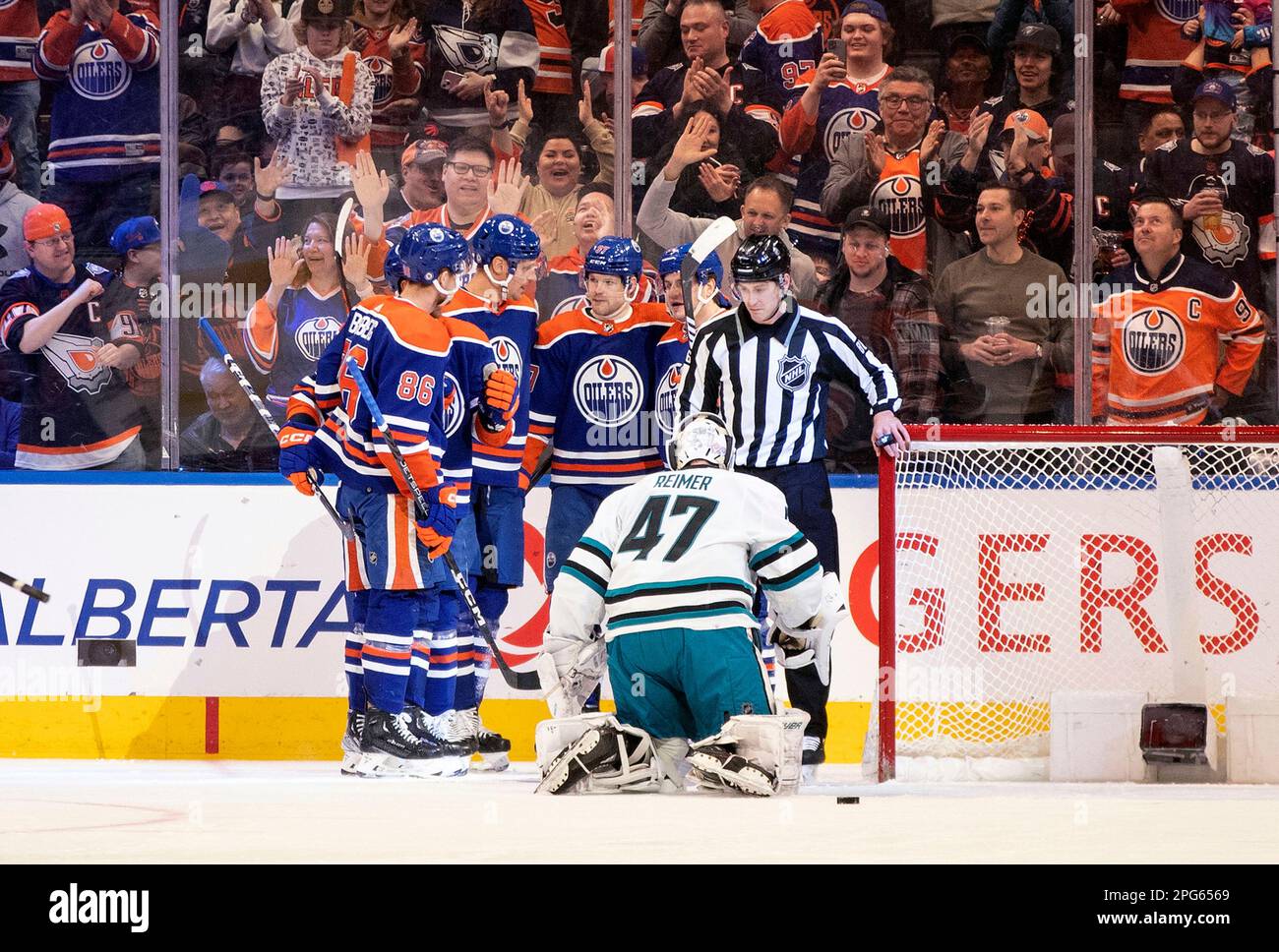 San Jose Sharks goalie James Reimer (47) looks on as the Edmonton ...
