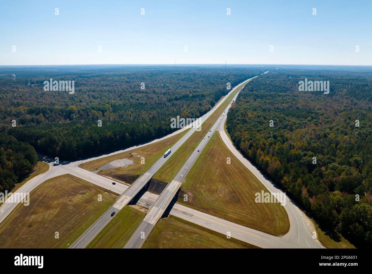 View from above of busy american highway with fast moving traffic ...