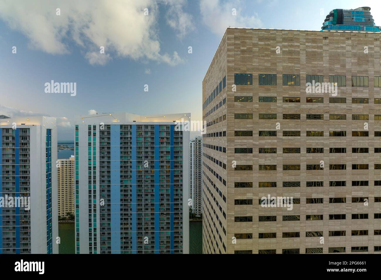 View from above of concrete and glass skyscraper buildings in downtown ...