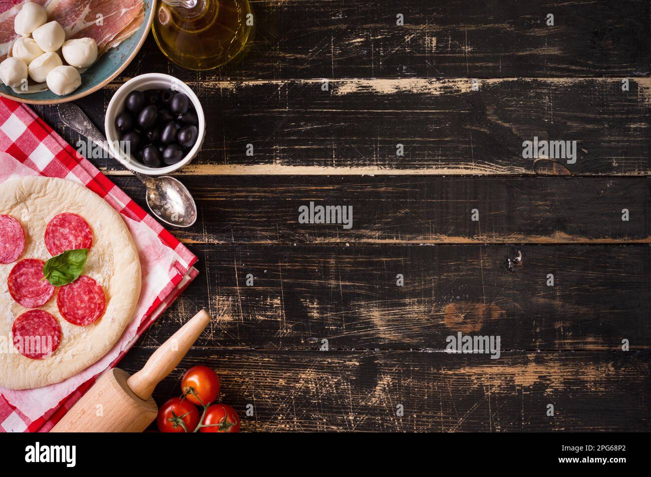 Pizza making background. Ingredients for making pizza. Space for text ...