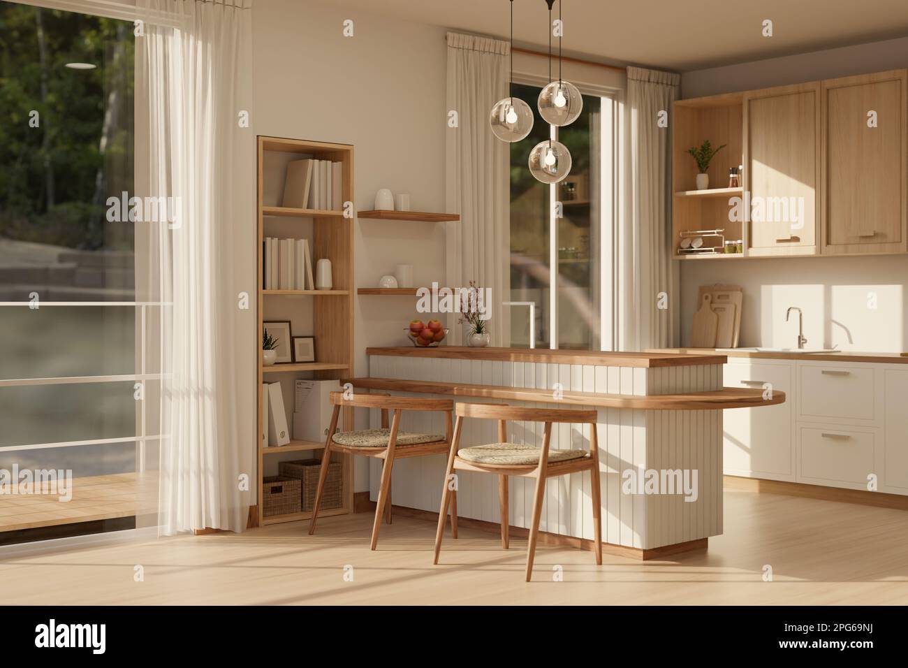 Minimal Scandinavian kitchen interior design in wood material style ...