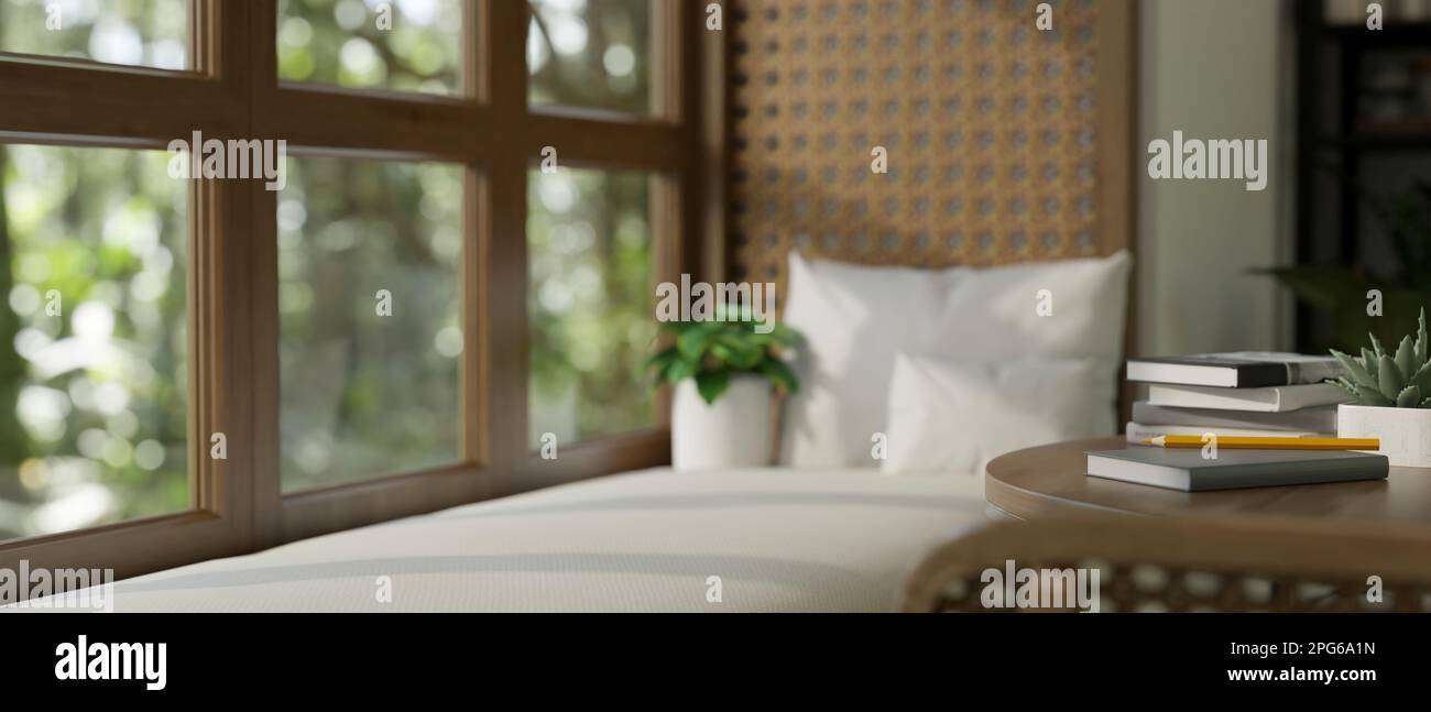 Close-up image of comfortable cafe indoor seating area with white ...