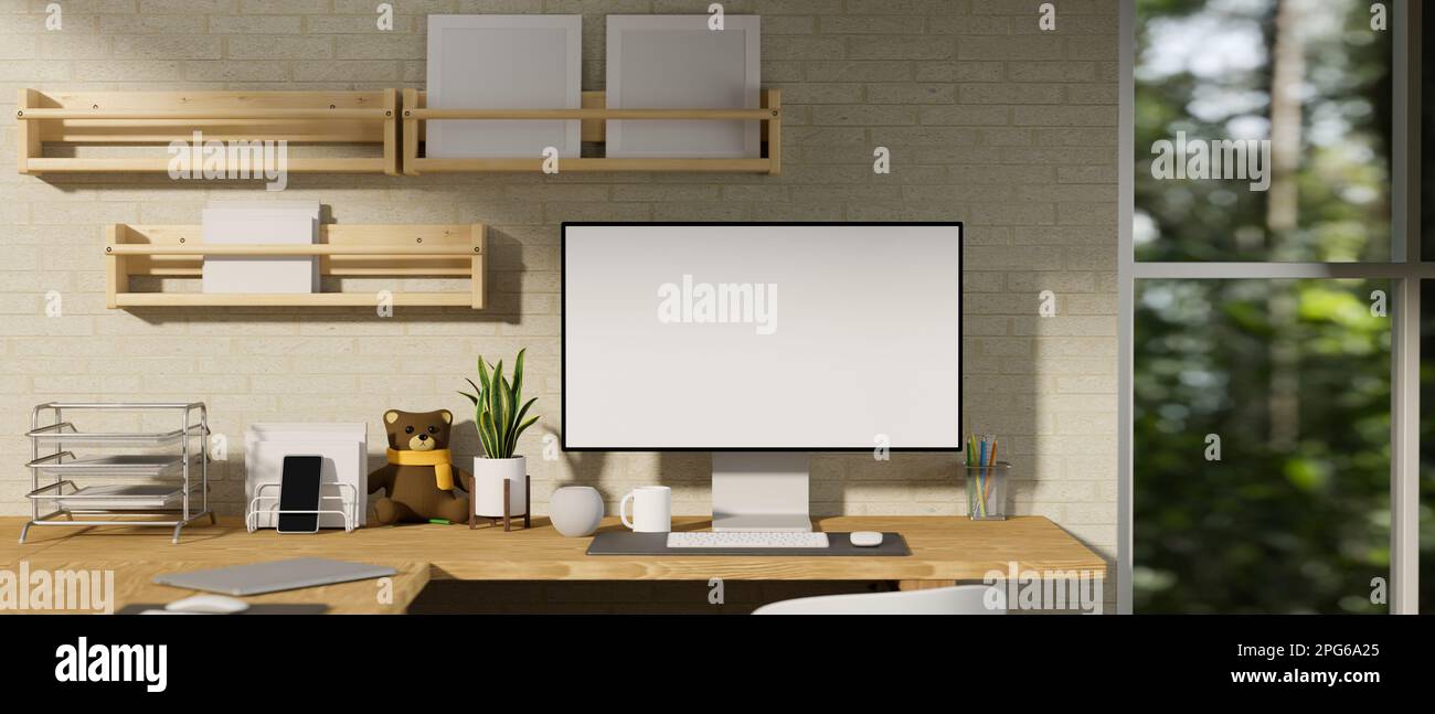 Modern Contemporary Office Desk Workspace With Pc Desktop Computer Mockup Document Tray