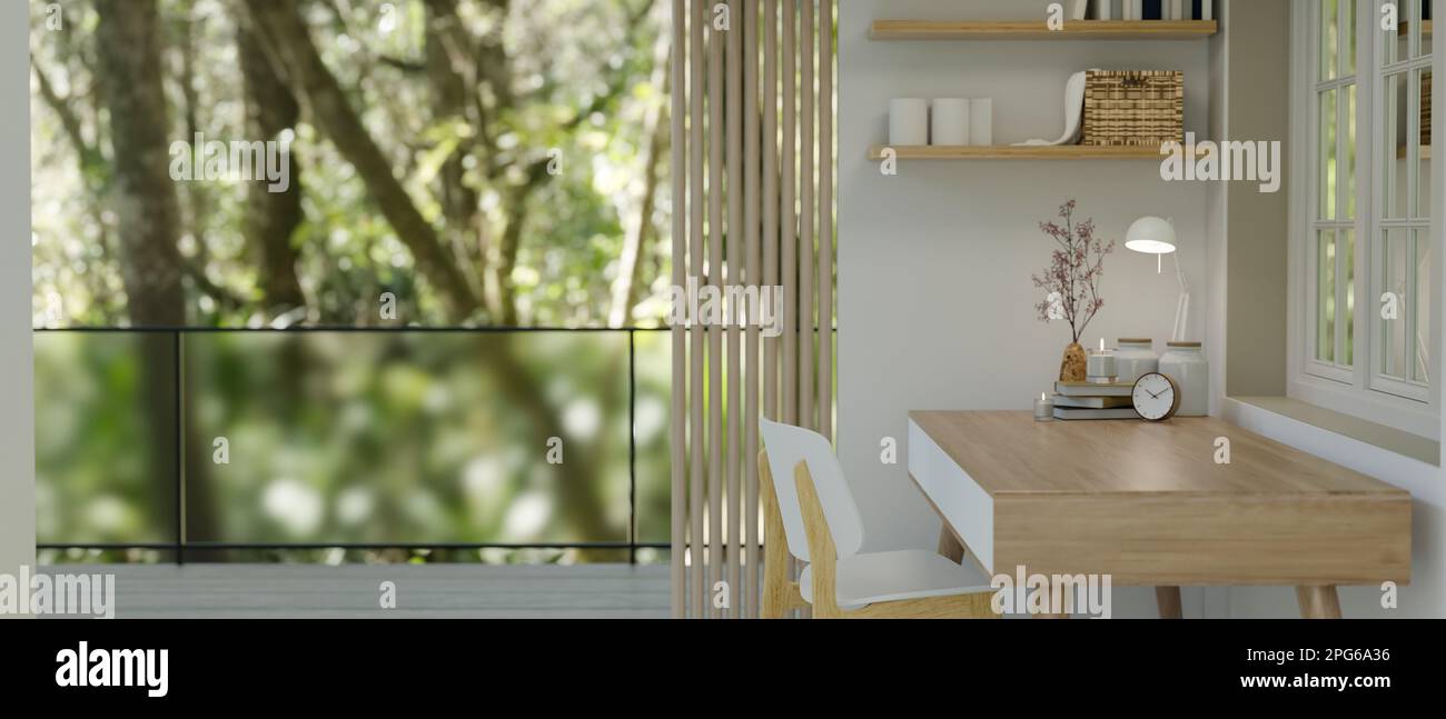 Side view of a minimal Scandinavian home workspace interior design with ...