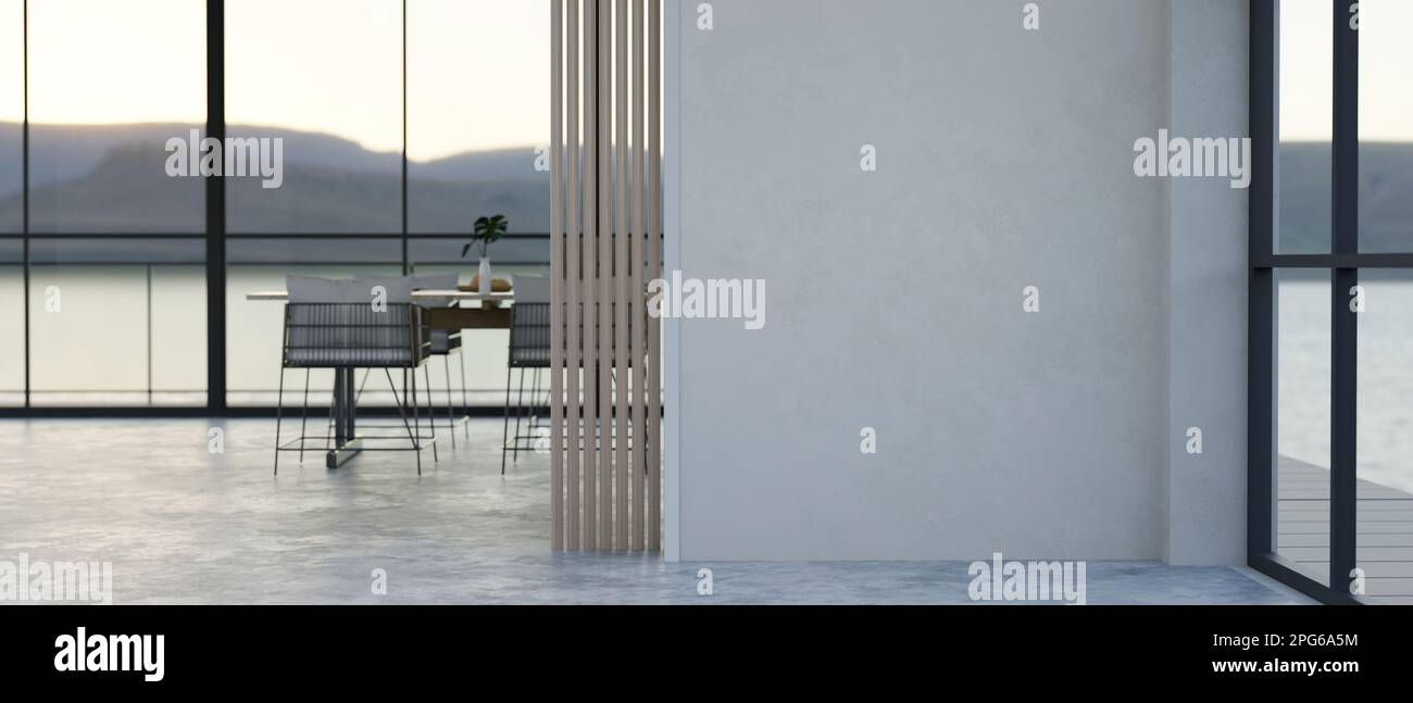 Modern spacious home dining room with dining table and empty mockup ...