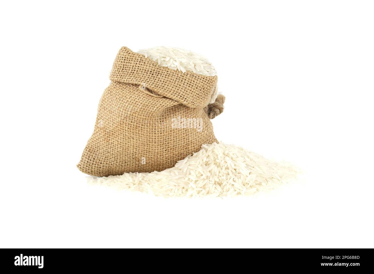 Uncooked long-grain basmati rice in small burlap sack and wooden scoop ...