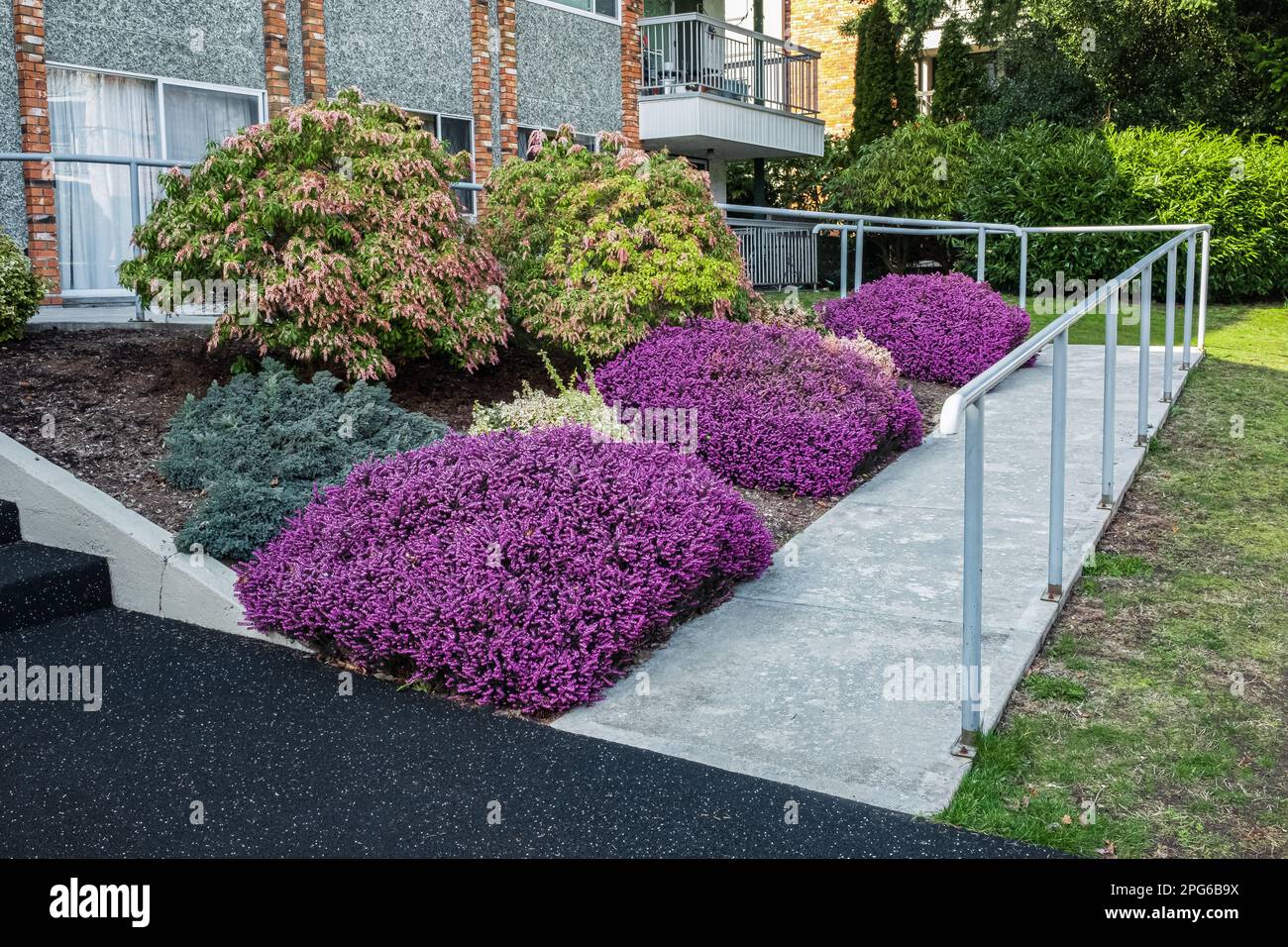 Concret ramp way with stainless steel handrail and nicely landscaped ...