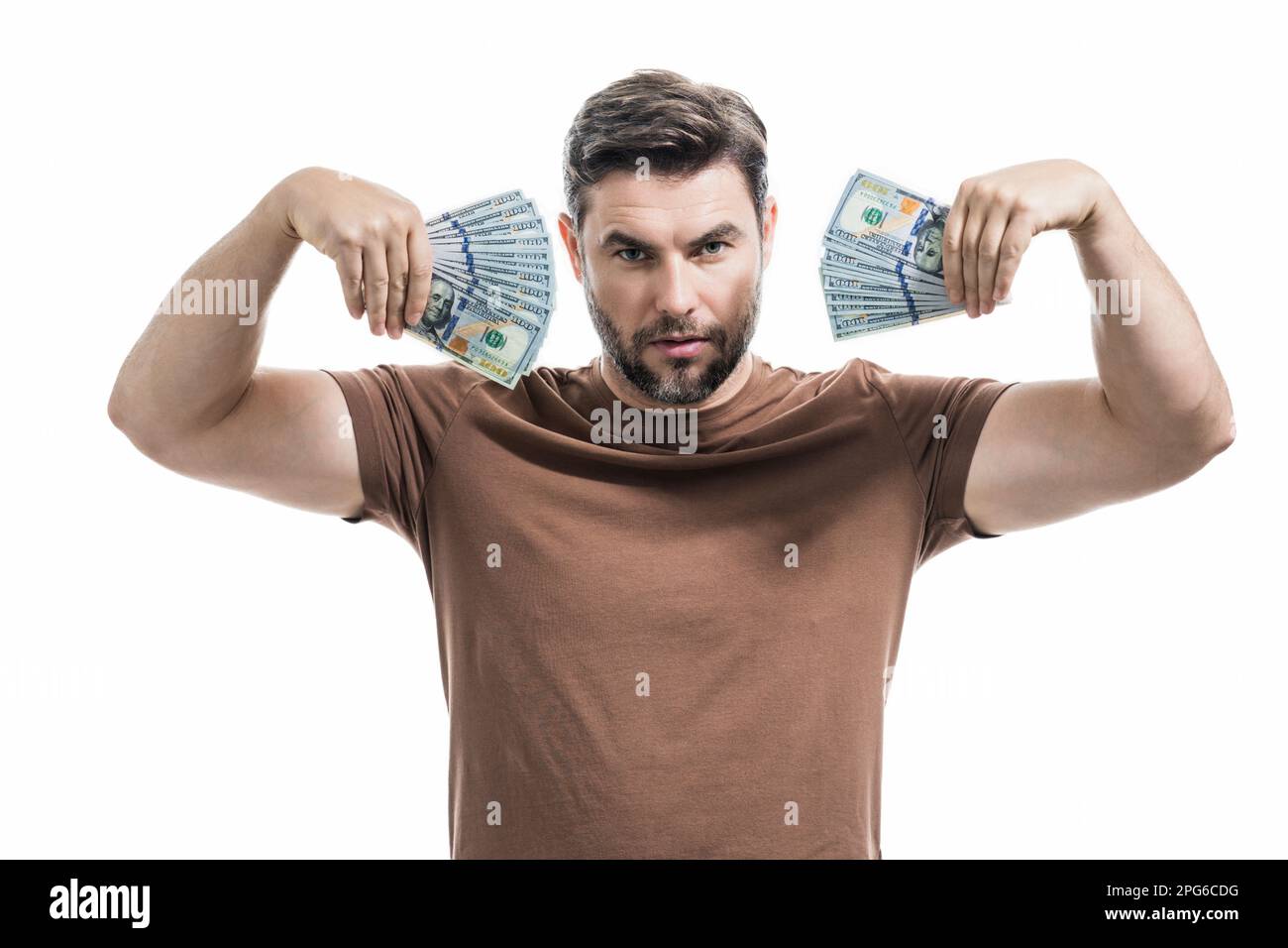 Business man hold money on white studio isolated background. Rich man ...