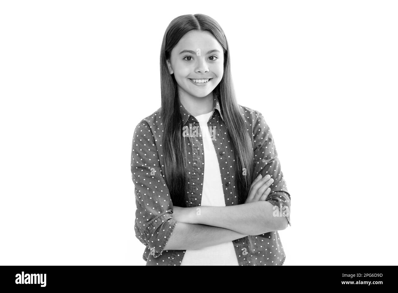Portrait of happy smiling teenage child girl. Cute preteen girl head shot. Child portrait on ...