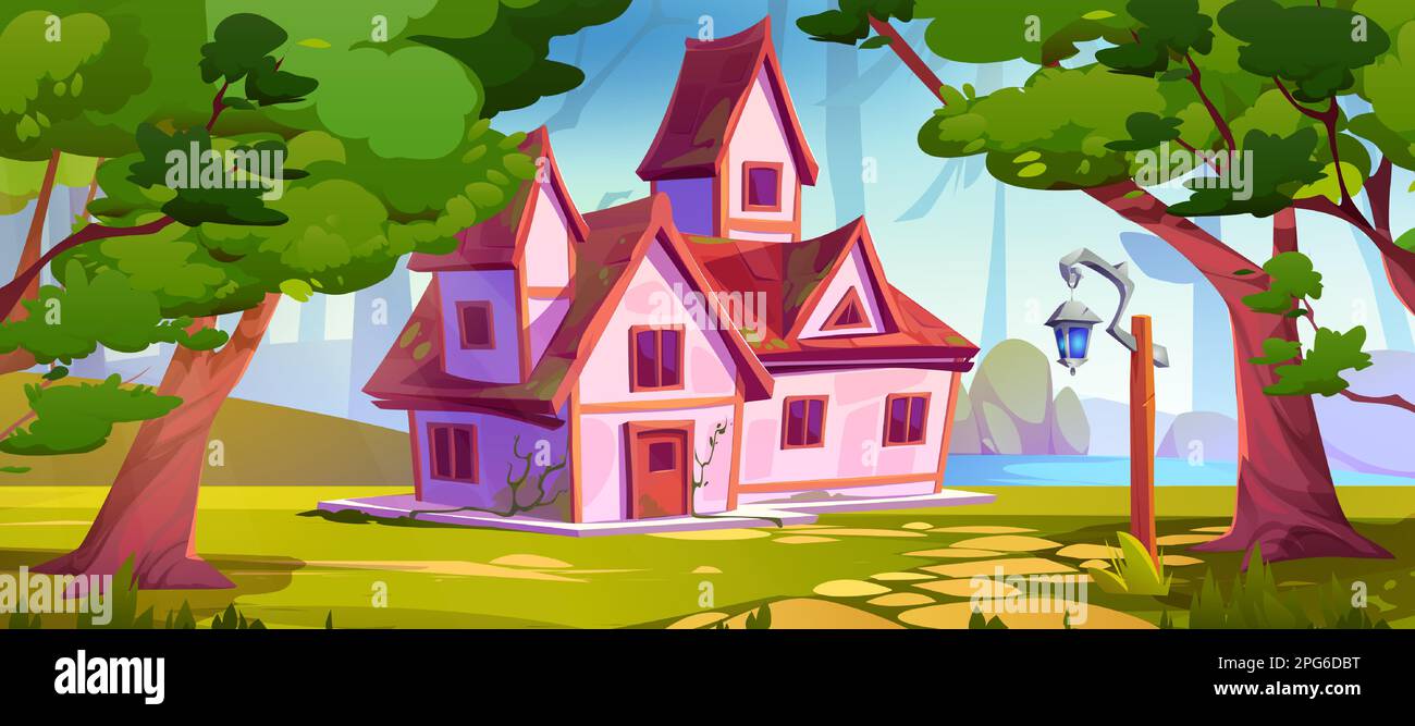 Pink rural house on forest glade near lake. Vector cartoon illustration ...