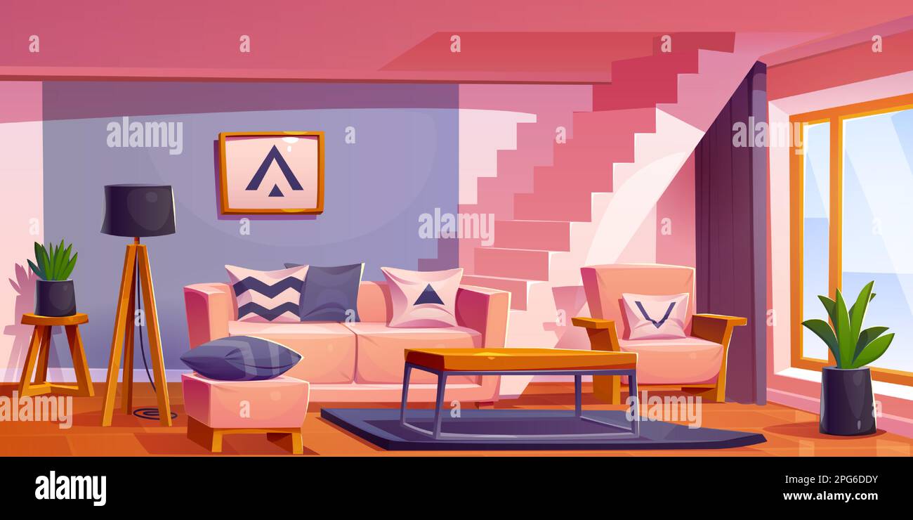 Living room vector interior with stair house design background. Cartoon ...