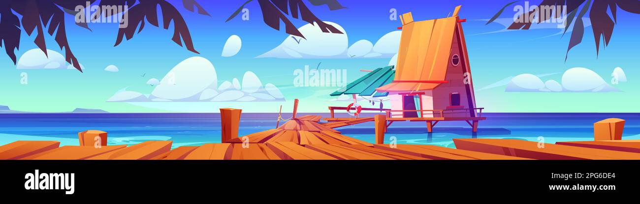 Vector house on stilt tropical sea landscape. Wooden hut with private ...