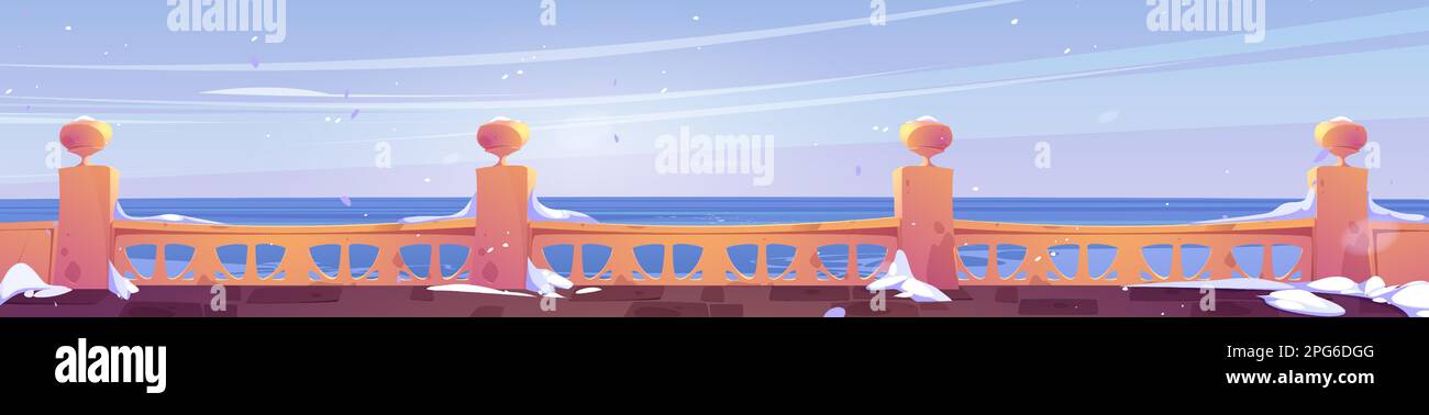 Hotel terrace empty view with sea and blue sky. Winter vector ...