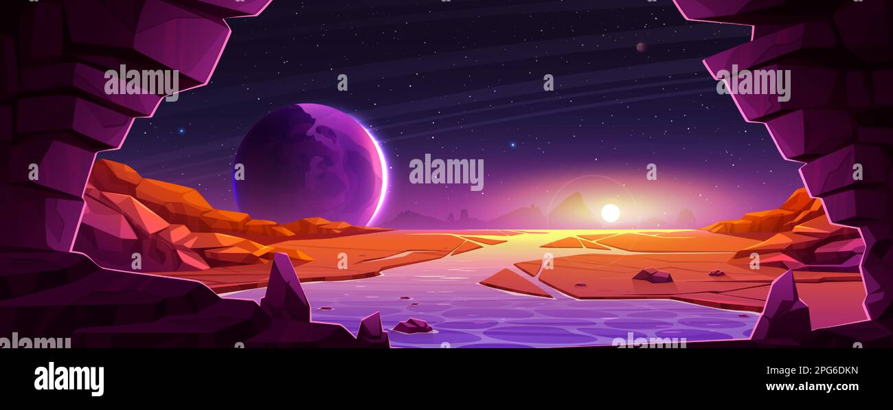 Space background with alien planet landscape. Mars surface with water ...