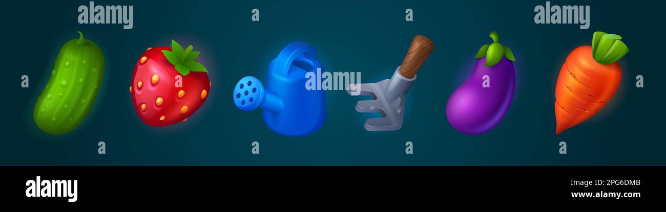 Set of farm game food ui icon with gardening tool. Isolated cartoon ...