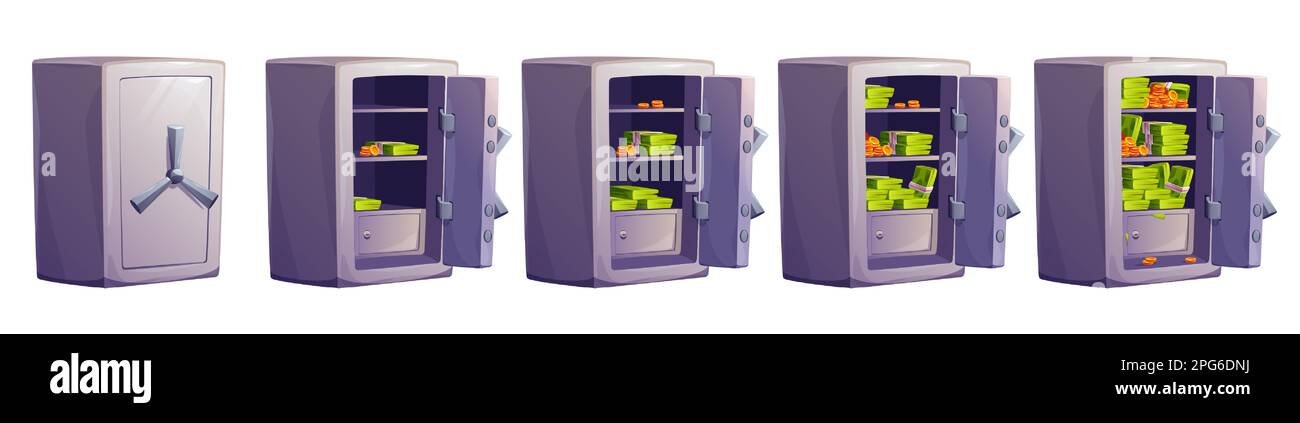 Open door safe box with money deposit vector set. Isolated cartoon ...