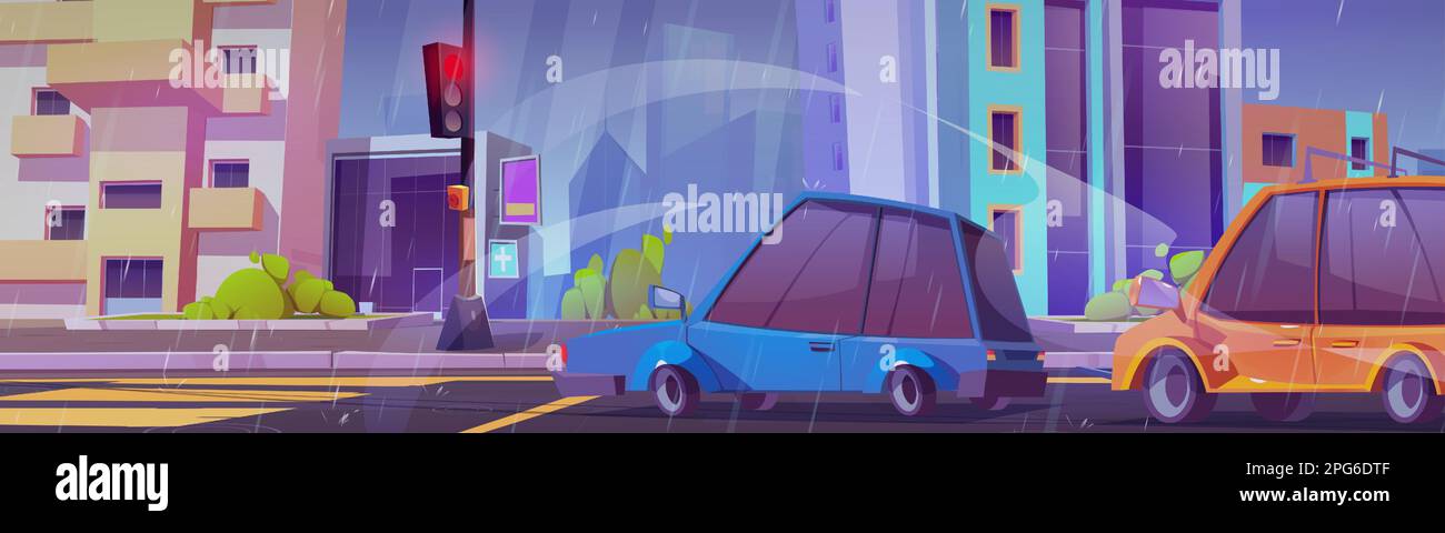 Cartoon city street with cars in rainy weather. Vector illustration of ...