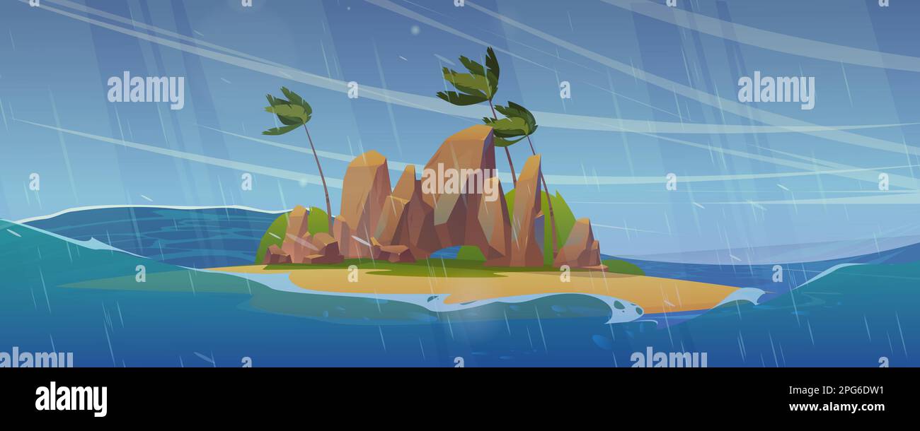 Small island in stormy sea. Vector cartoon illustration of uninhabited ...